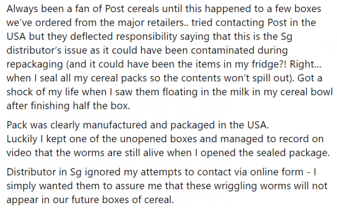 Netizen notices worms in her cereal only after eating half a pack ...