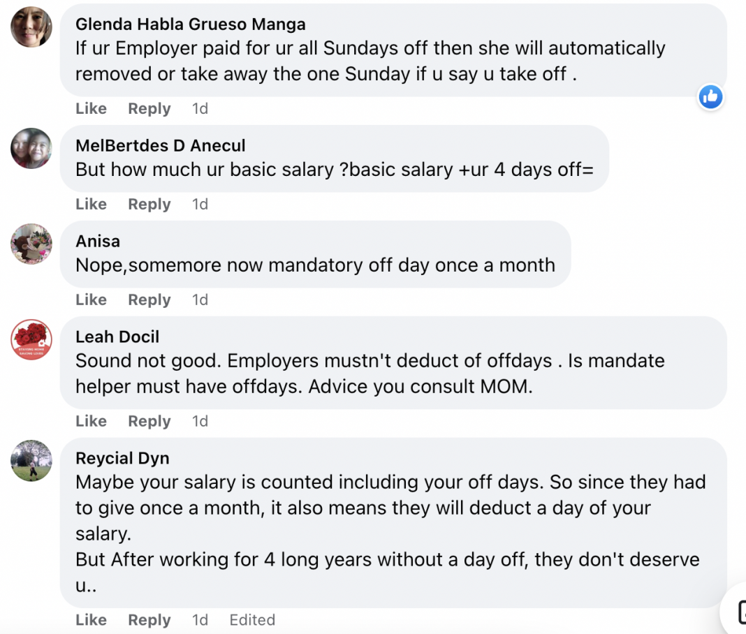 Maid says since she got her mandatory day off per month, her employers ...