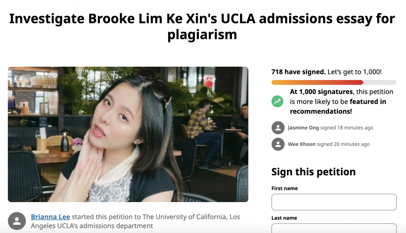 Petition launched urging UCLA to revoke the acceptance of SG social ...