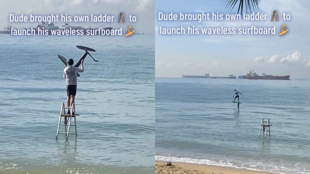 Man brings ladder to the beach to launch his hydrofoil "waveless ...