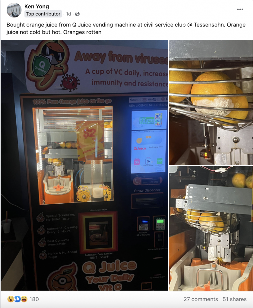 ‘Rotten’ orange seen in Q vending machine at Civil Service Club ...