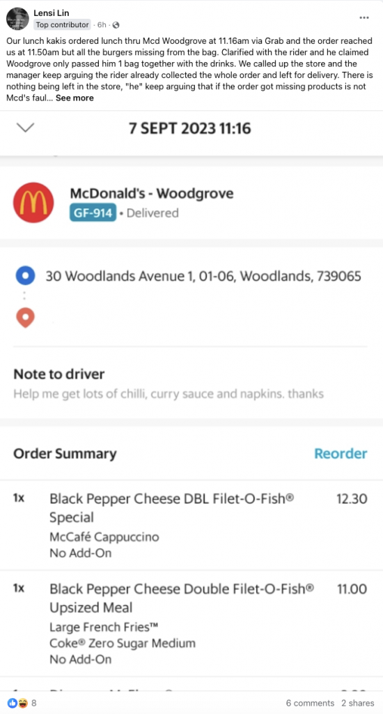 Customer complaint: McDonald’s burger order delivery arrives without ...