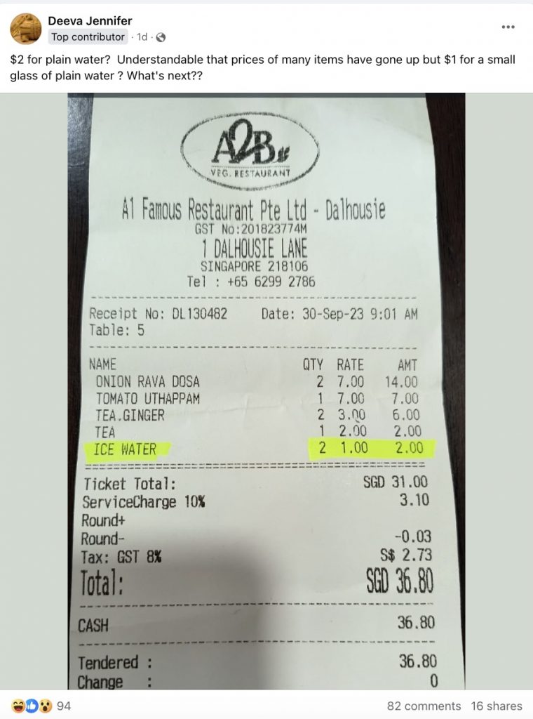 Diner's question: "$1 for small glass of water? What's next?" - Food