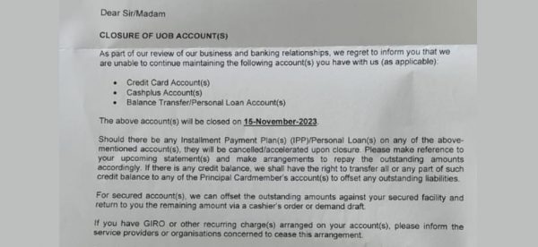 Woman shocked after getting letter that says UOB will close her ...