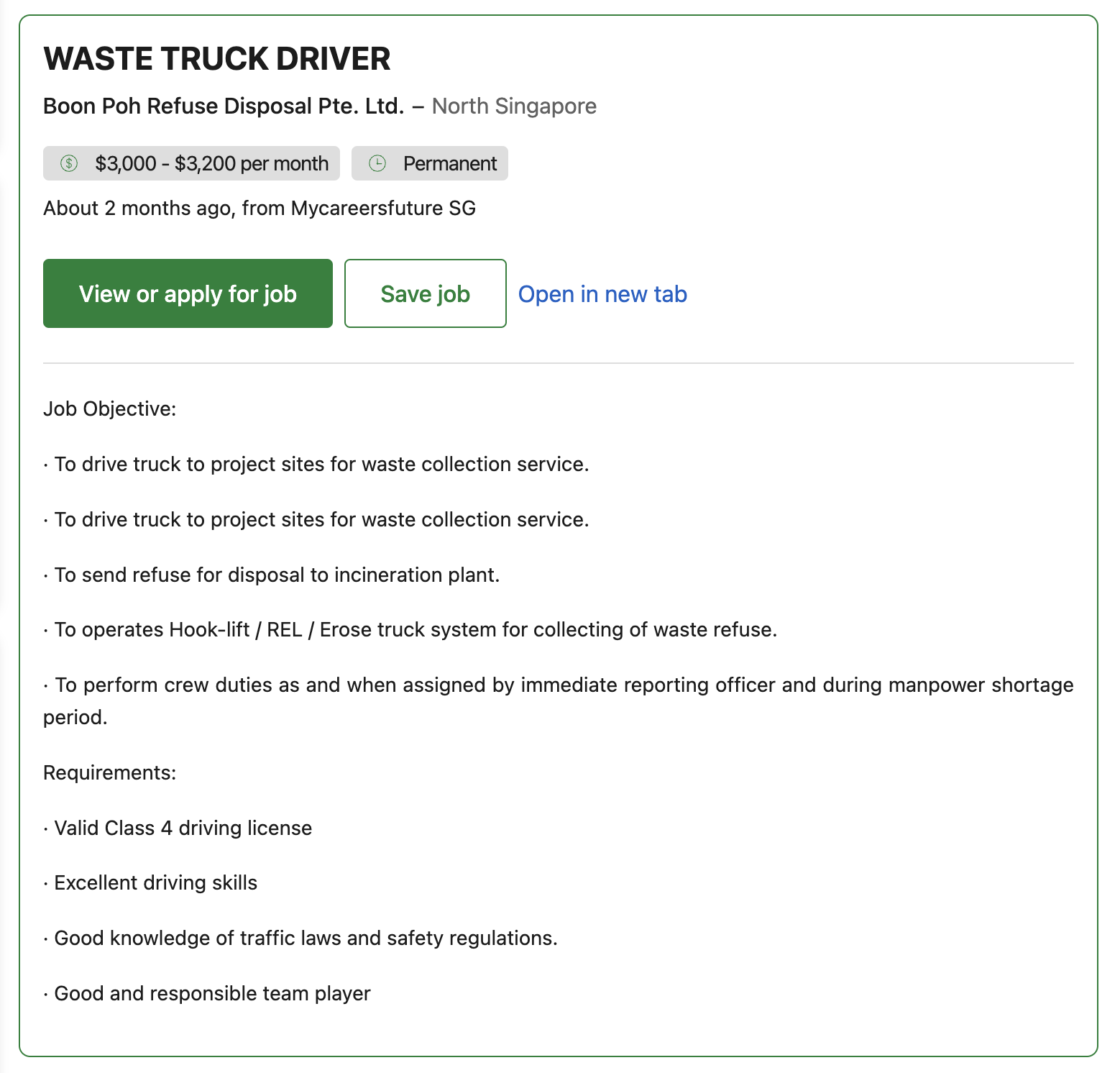Waste truck driver job offers S$3,200/month to collect and send waste ...