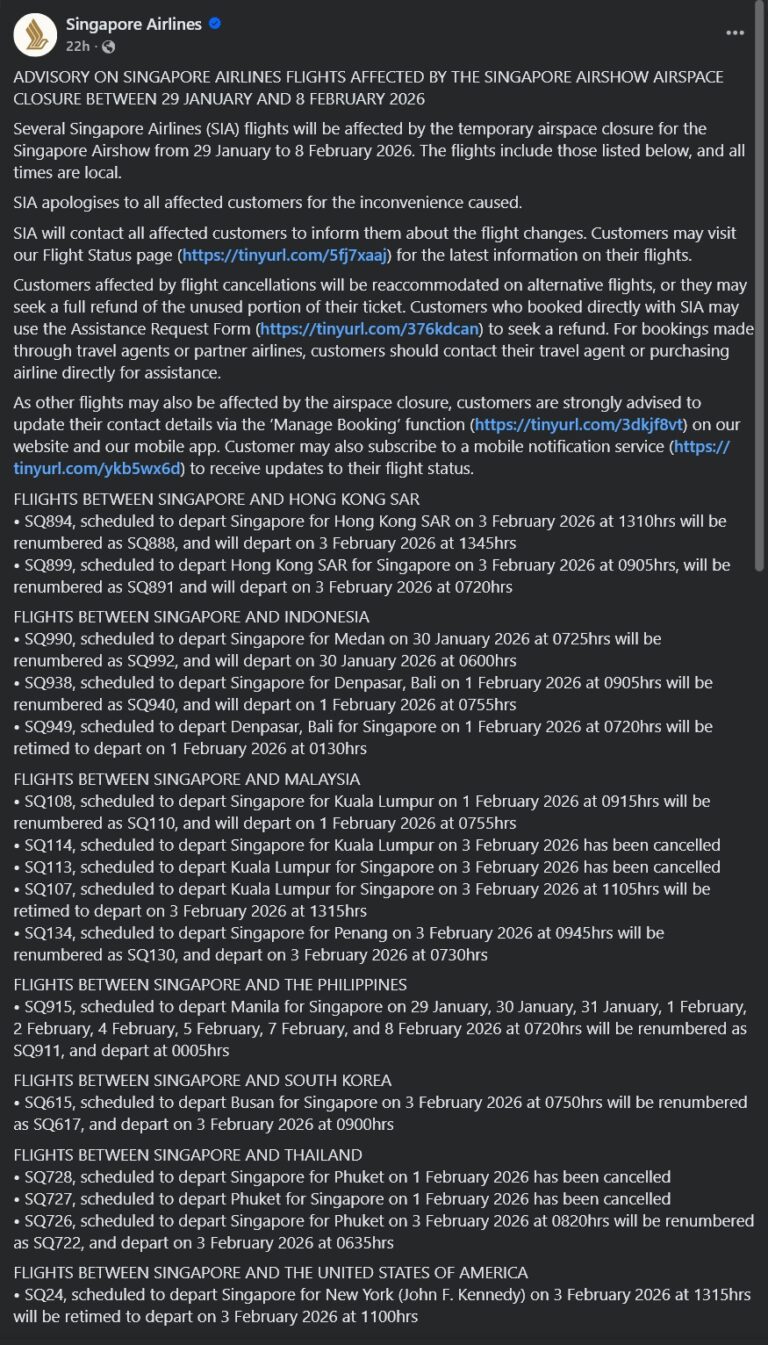 Singapore Airlines flights cancelled due to airspace closure for the ...